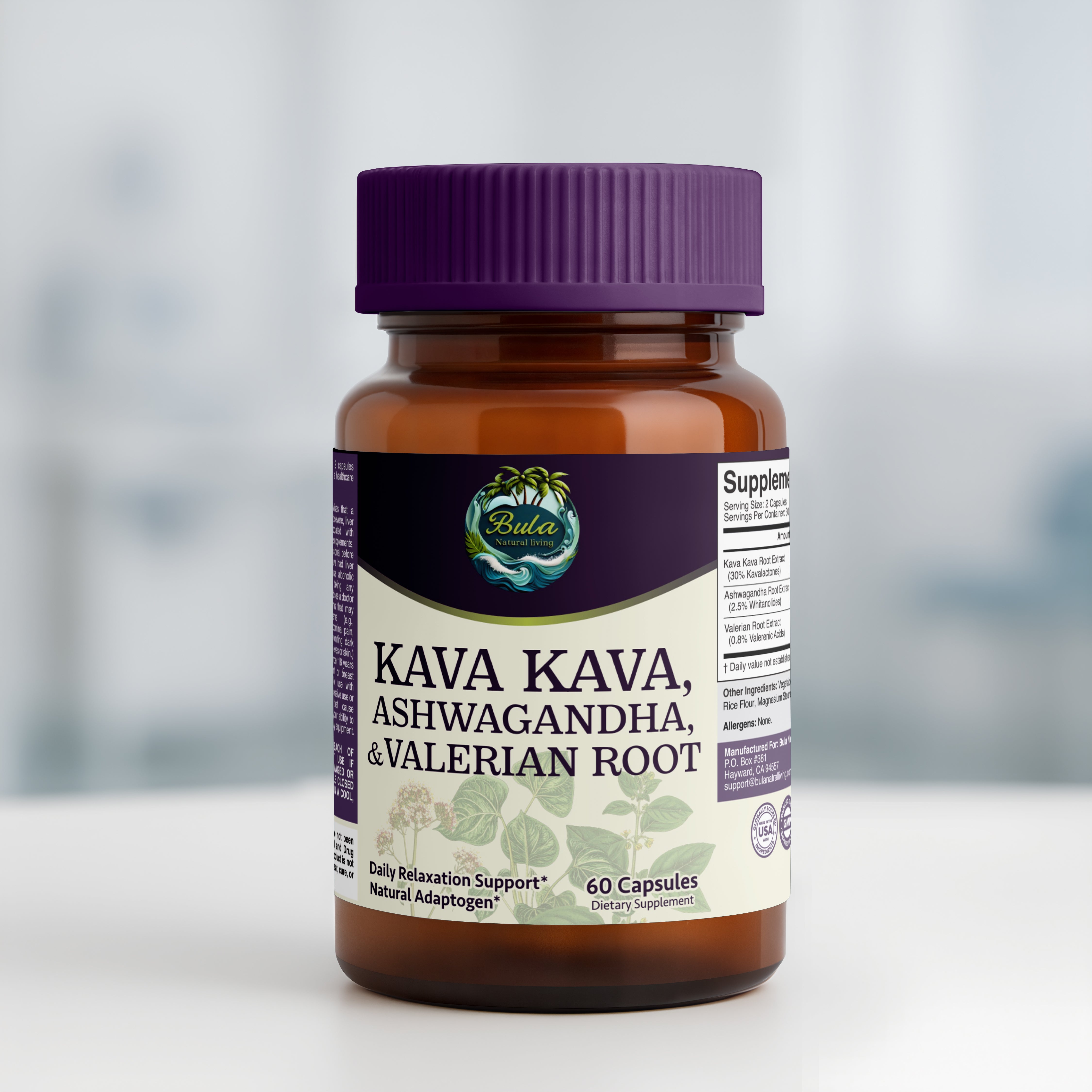 Bula Natural Living Kava Kava, Ashwagandha & Valerian Root Pills – 60